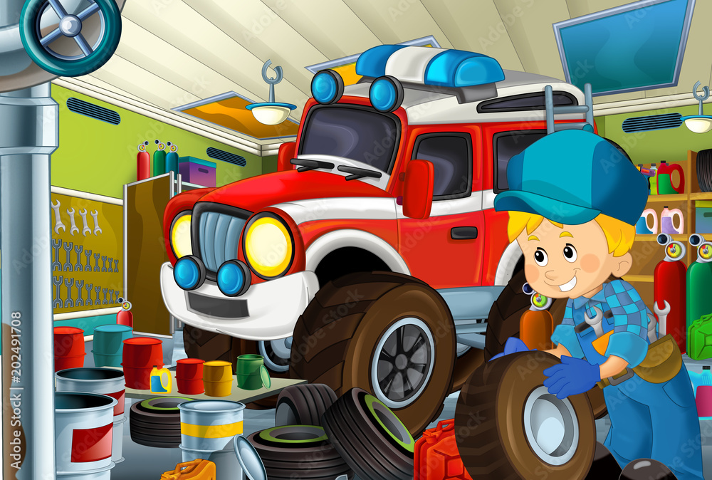 cartoon scene with garage mechanic working repearing some vehicle ...