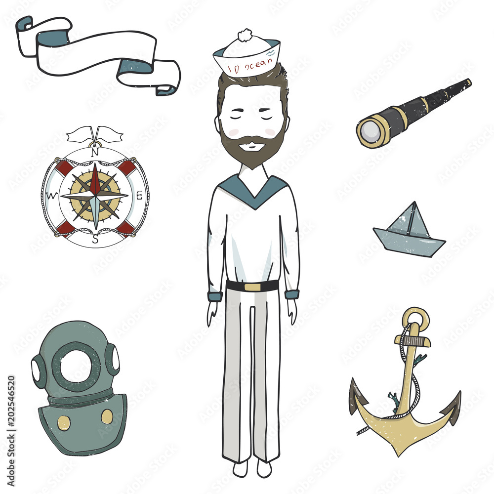 Sea man, captain men, clip art vector ancor spyglass ribbon ship young ...