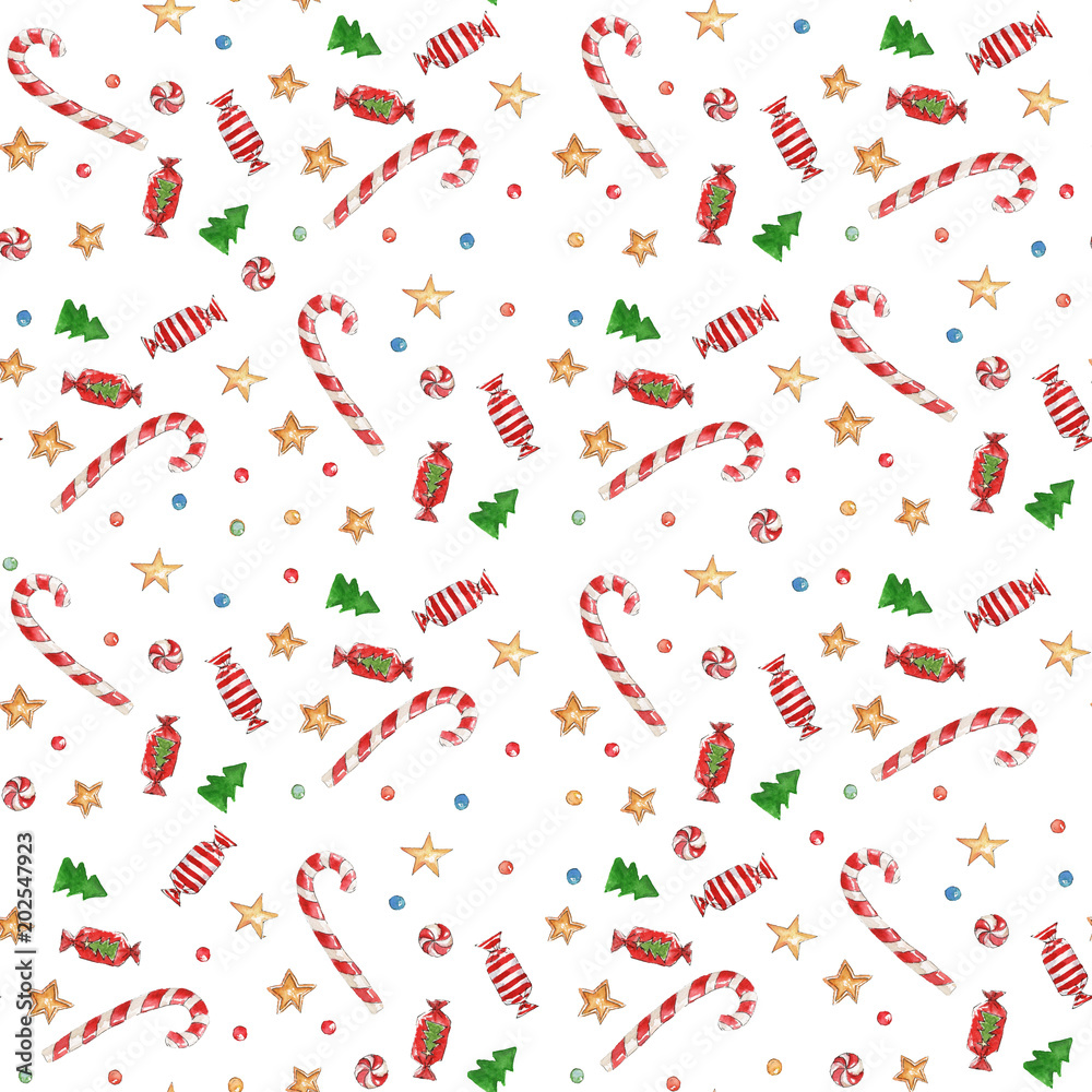 Seamless watercolor Christmas pattern background with candies, firs ... Seamless watercolor Christmas pattern background with candies, firs ...