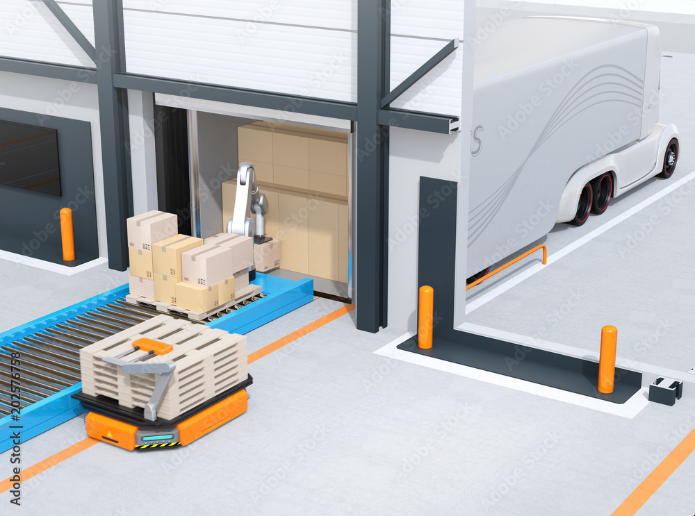 Industrial robot unloading parcels from semi truck, Automatic Guided ...