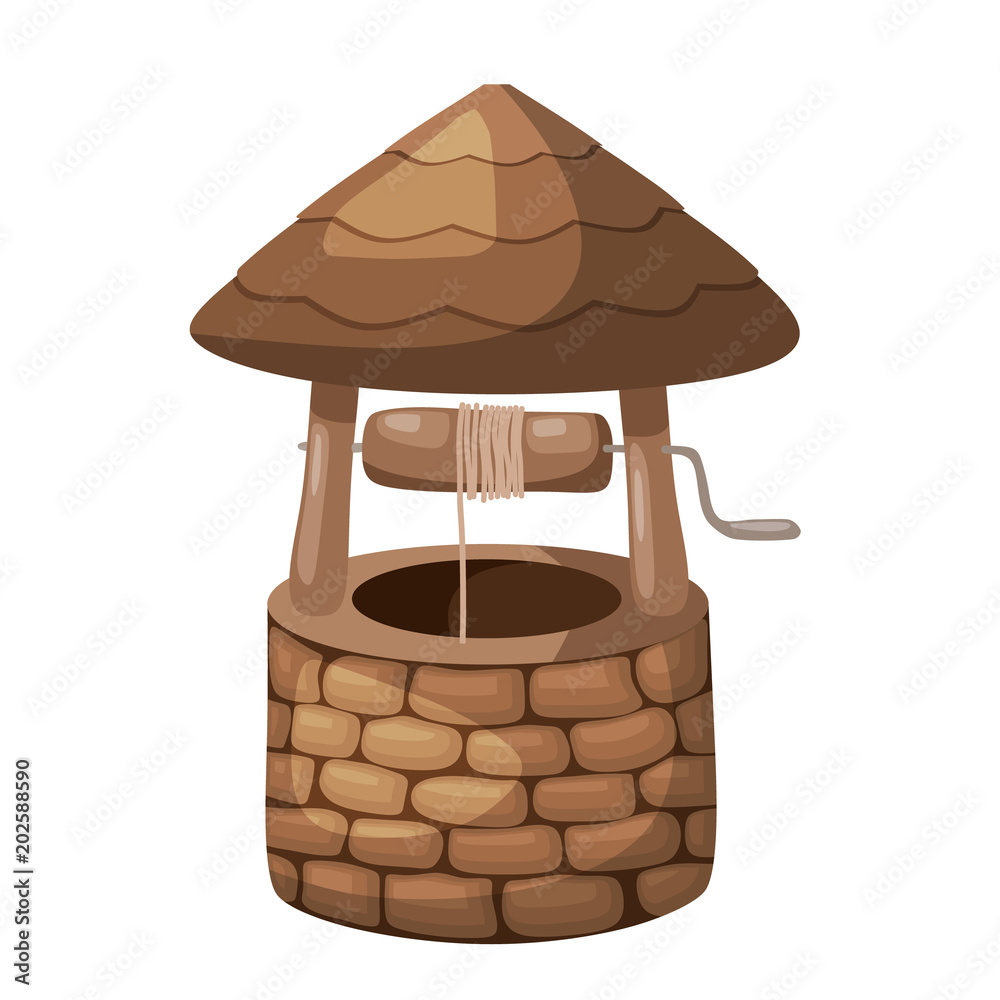 Color image of a simple well with a roof on a white background in the ...