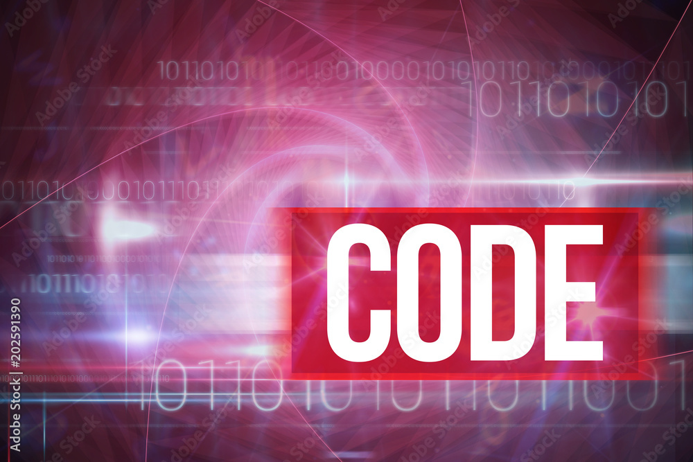 The word code and red vortex design on black against blue technology ...
