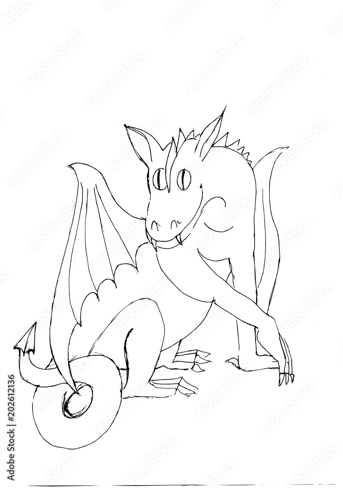 Outline drawing of a winged dragon Stock Vector | Adobe Stock