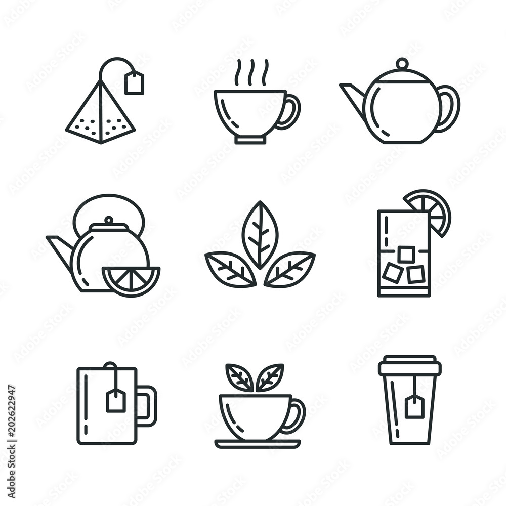 Tea icons set. Vector isolated outline drawings Stock Vector | Adobe Stock