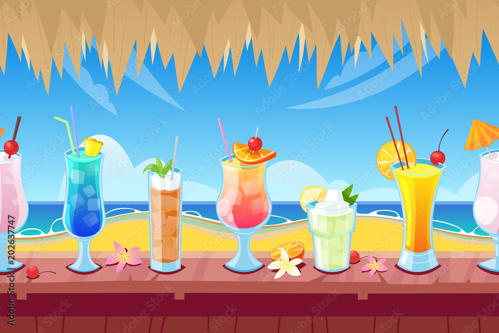 Seamless horizontal background with wooden bar counter and alcohol ...