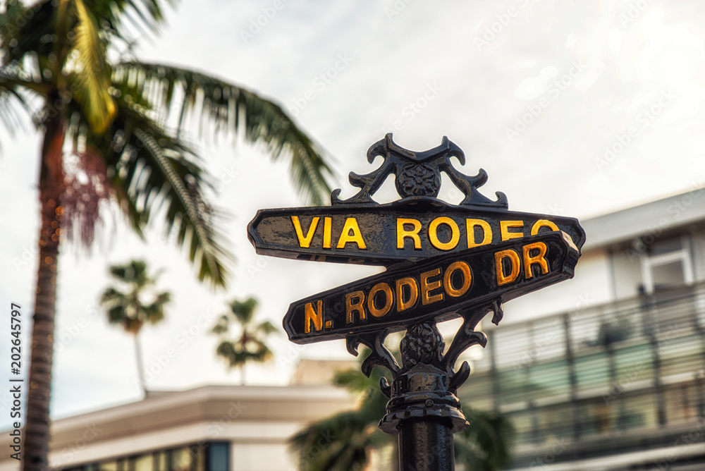 Rodeo Drive sign with palm trees in Beverly Hills Stock Photo | Adobe Stock