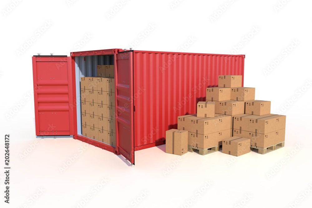 Ship cargo container side view with cardboard boxes Stock Photo | Adobe ...