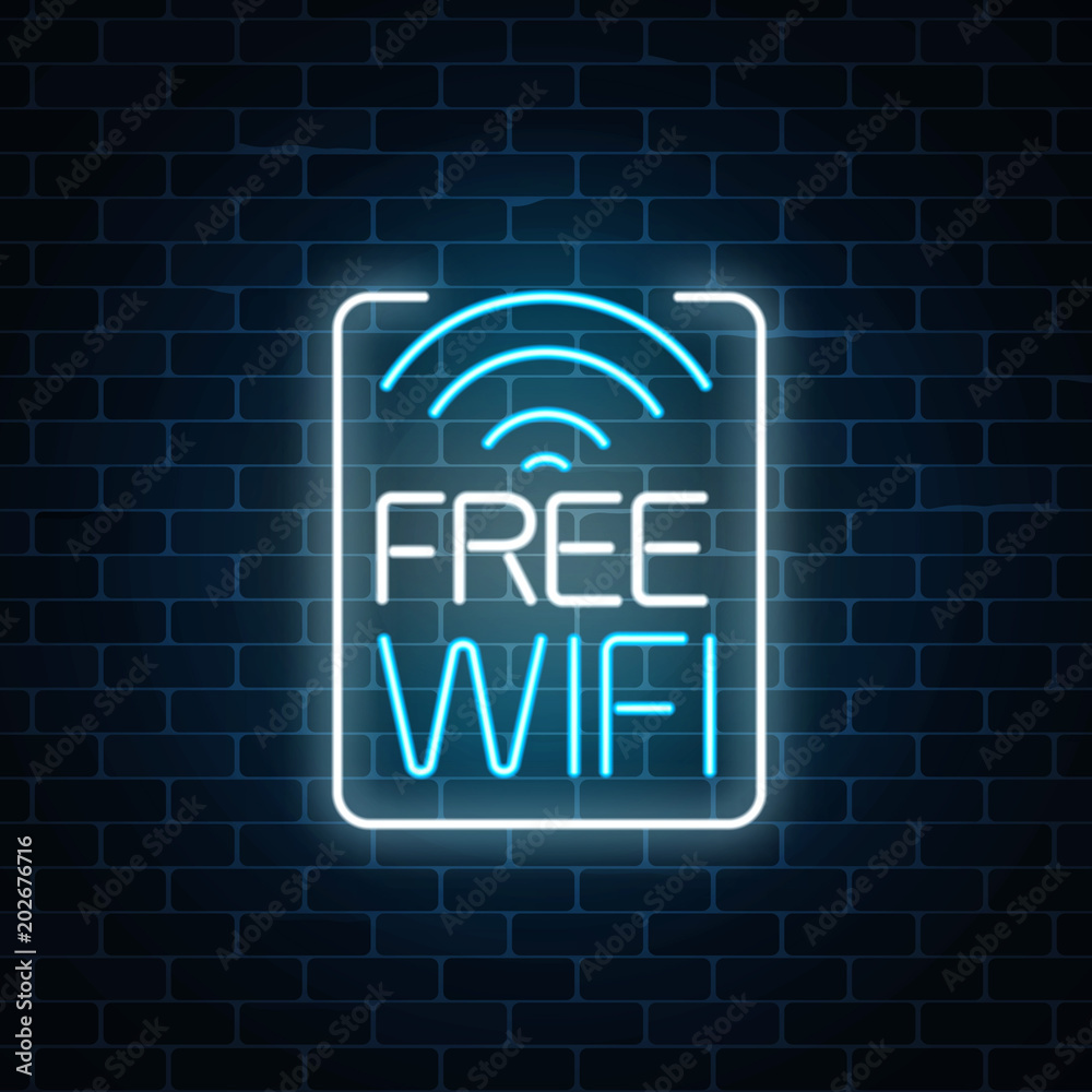 Neon sign of free wifi zone in rectangle frame on dark brick wall ...