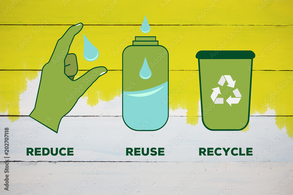 Reduce reuse recycle against yellow paint on fence Stock Illustration ...