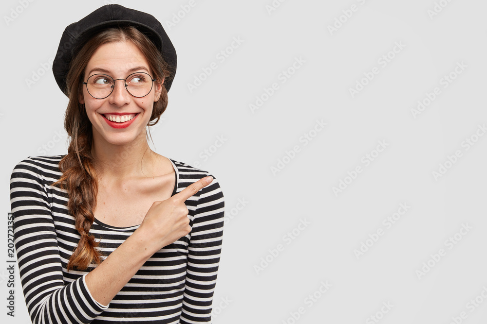 People, French style and advertisement concept. Delighted pretty woman ...