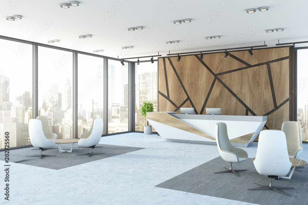 Wood wall pattern office reception hall side view Stock Illustration ...