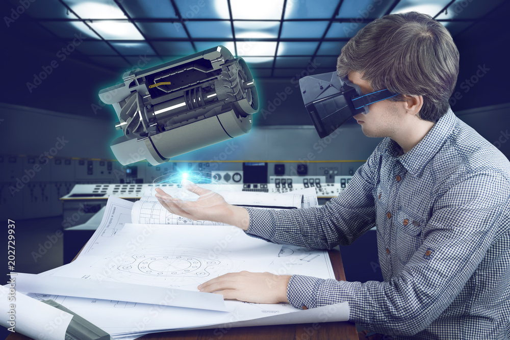 Virtual reality in engineering concept. Male / man engineer wearing ...