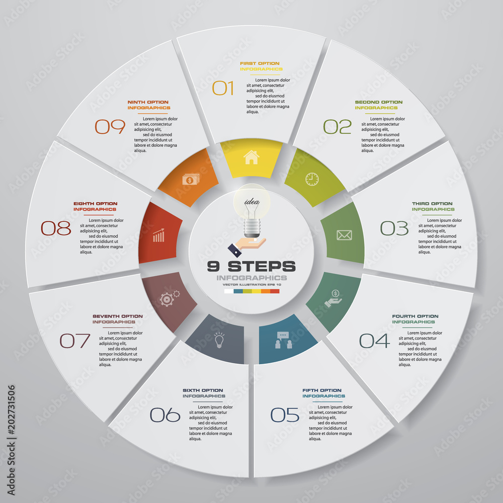 Abstract 9 steps modern pie chart infographics elements.Vector ...