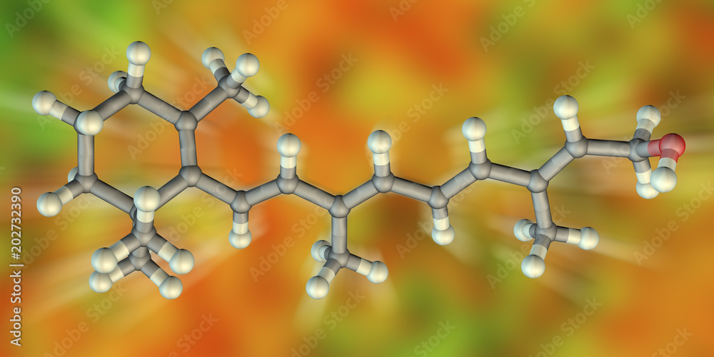 Molecular model of vitamin A, retinol, 3D illustration. It plays ...