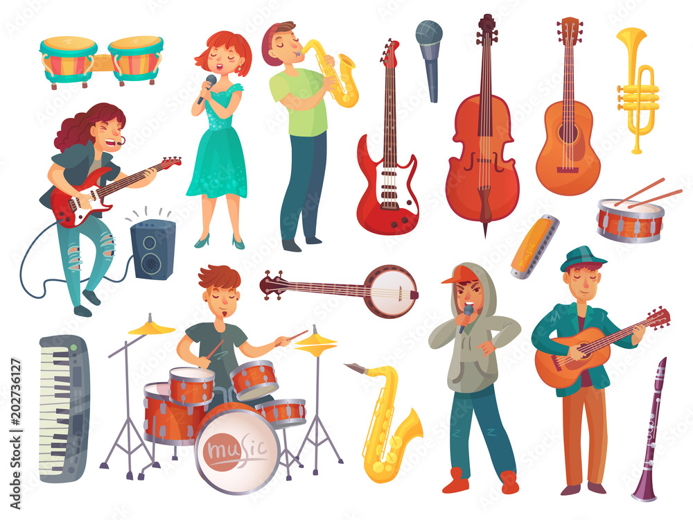 Cartoon young singers with microphones and musician characters with ...