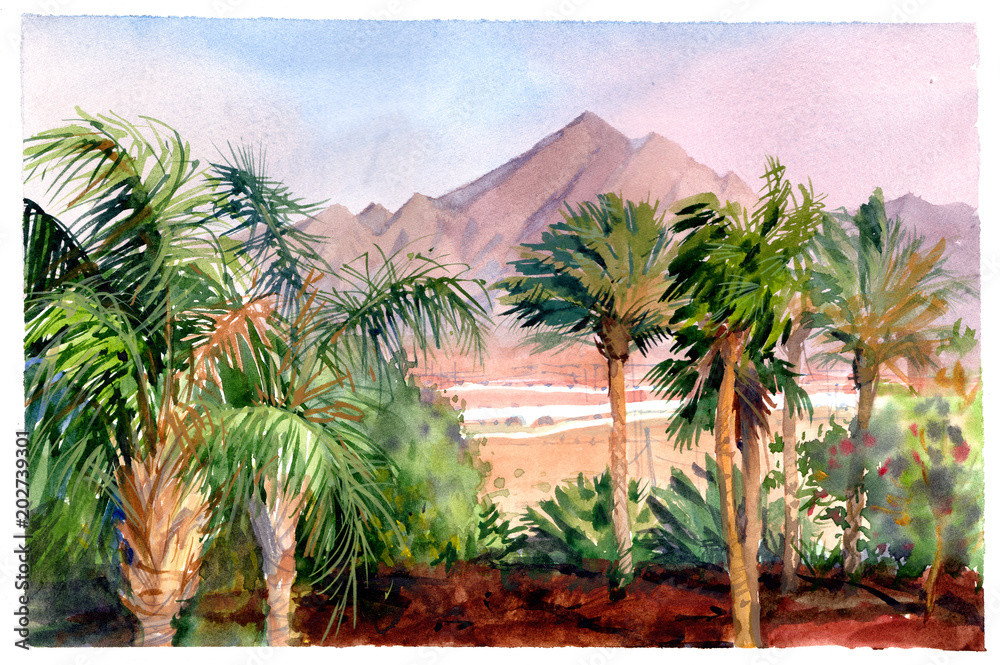 Tropical landscape with palm trees and mountains. Oasis in the desert ...