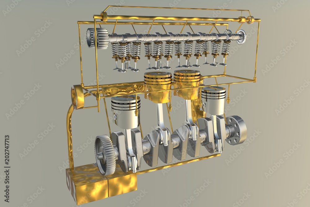Engine rendered with oil system Stock Illustration | Adobe Stock