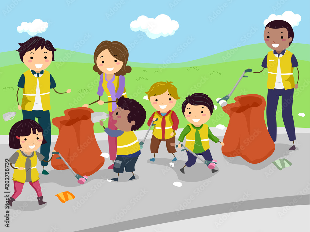 Stickman Kids Cleaning Road Illustration Stock Vector | Adobe Stock