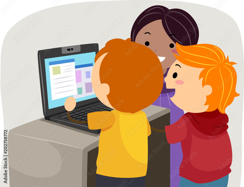 Stickman Kids Laptop Class Illustration Stock Vector | Adobe Stock