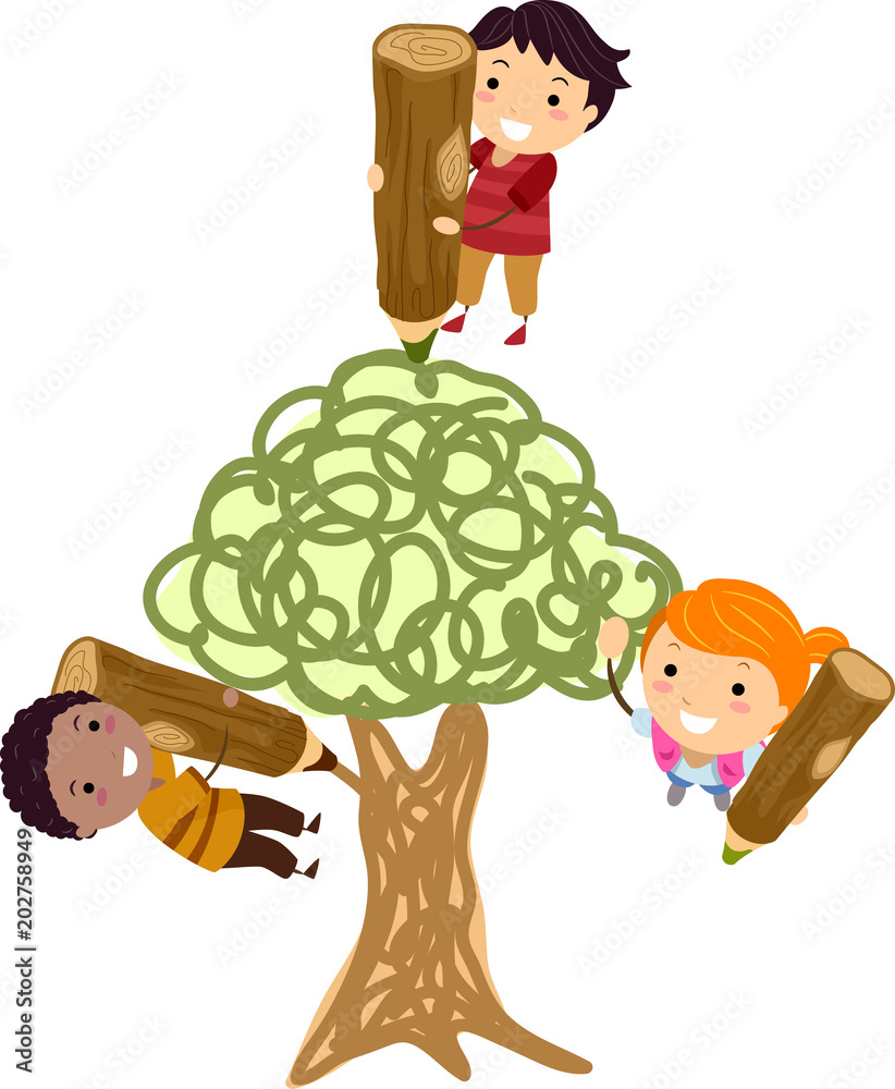 Stickman Kids Draw Tree Illustration Stock Vector | Adobe Stock
