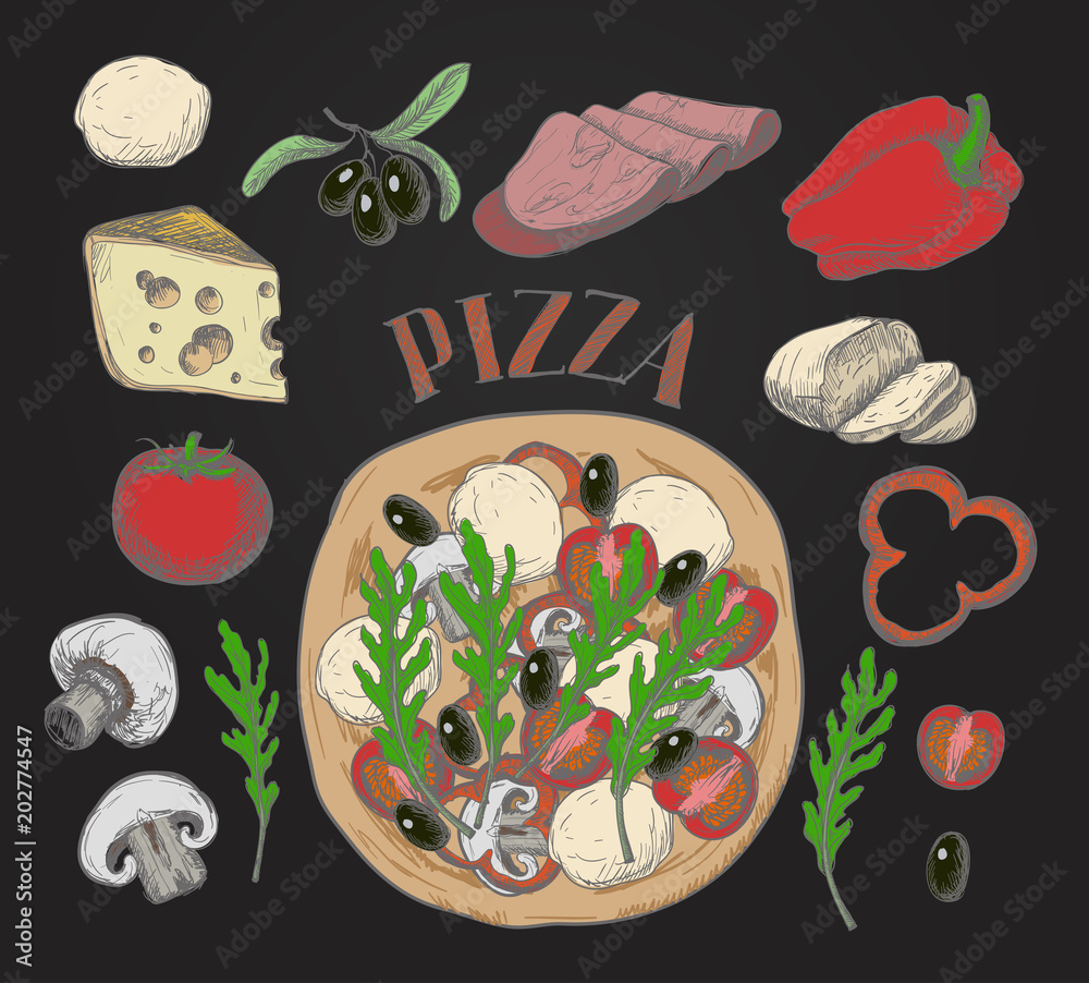 Ingredients for pizza such as olives, tomato, mushrooms, mozzarella ...