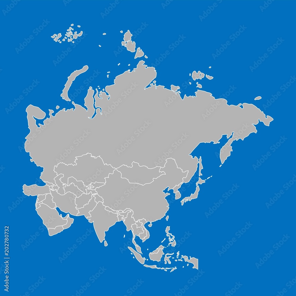 Grey Asia map with countries and capital cities on the blue background ...
