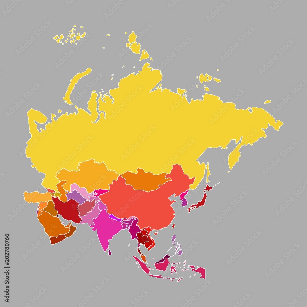 Poster Asia map of multi-color with countries and capital cities on ...
