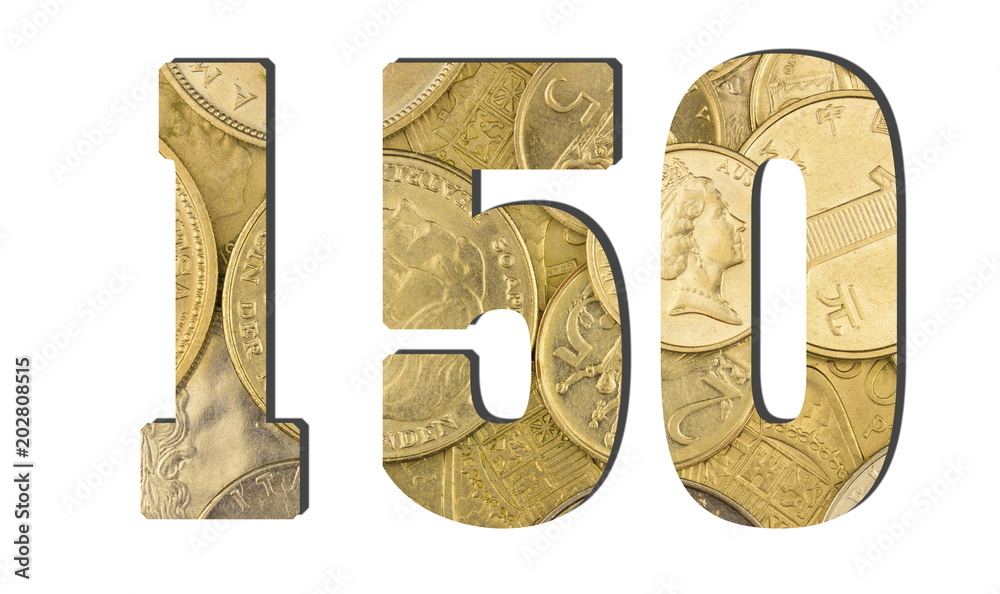 150 Number. Shiny golden coins textures for designers. White isolate ...