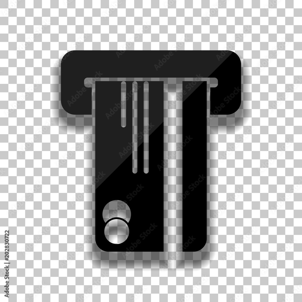 ATM machine and credit card. simple silhouette. Black glass icon with ...