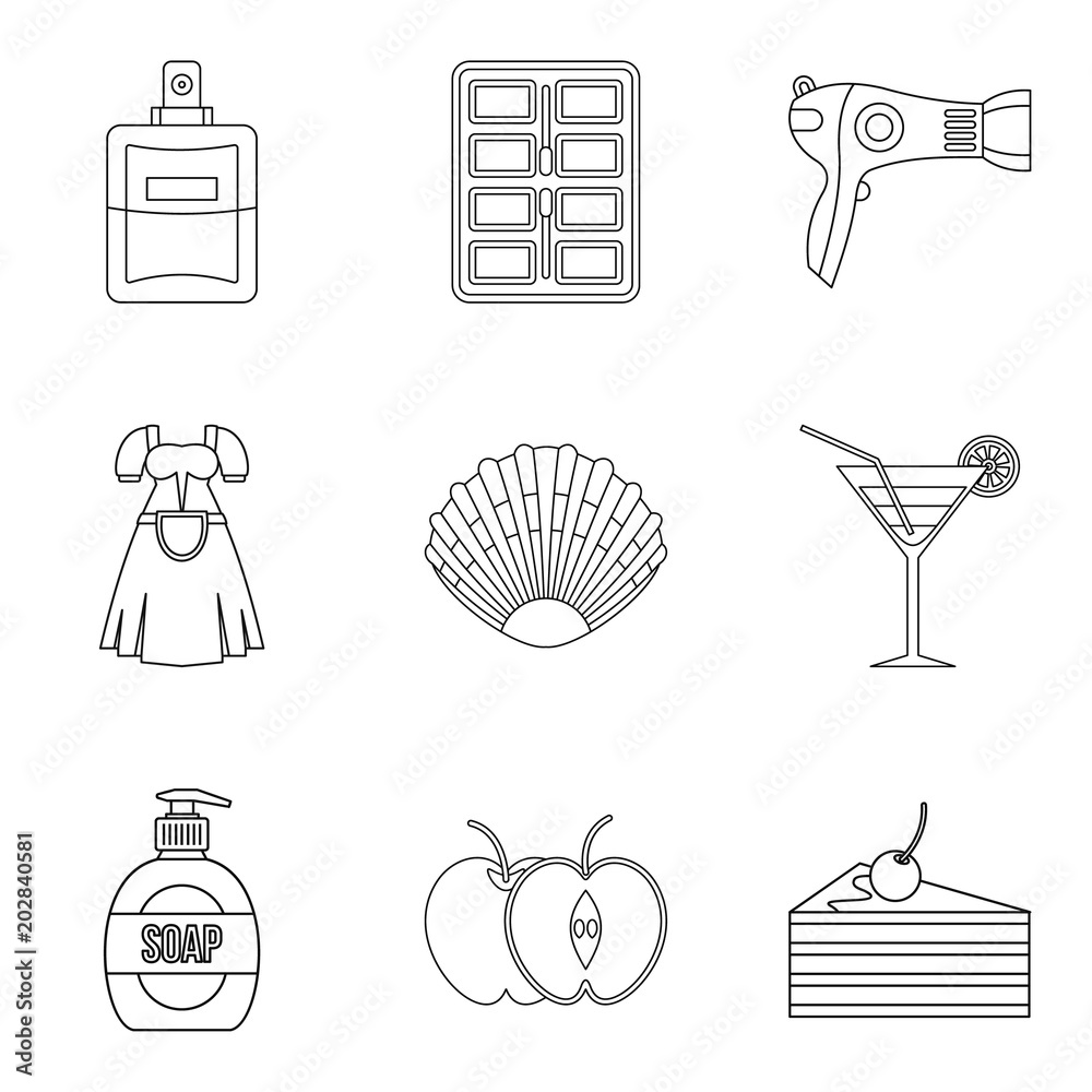Charming girl icons set. Outline set of 9 charming girl vector icons ...