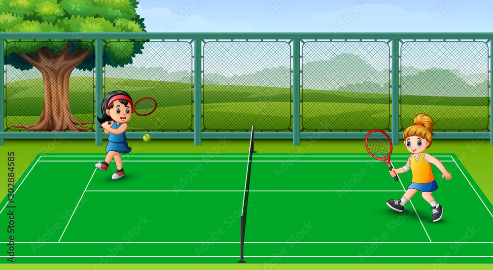 Happy kids playing tennis at the courts Stock Vector | Adobe Stock