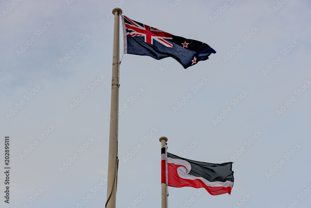 New Zealand Nation Flag And Native Maori Flag Flying Together Stock ...