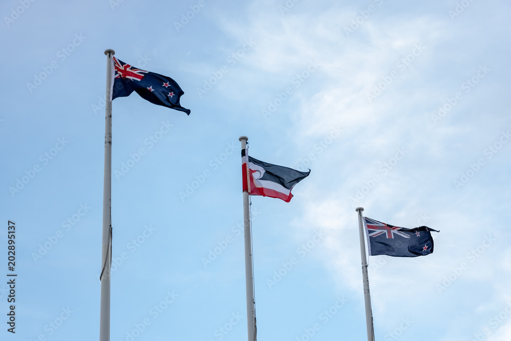 Maori And New Zealand Flags Flying in Sky Stock Photo | Adobe Stock