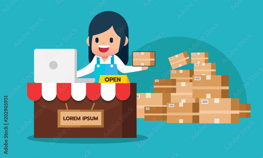 Happy girl check order from laptop. shopping online e-commerce store ...