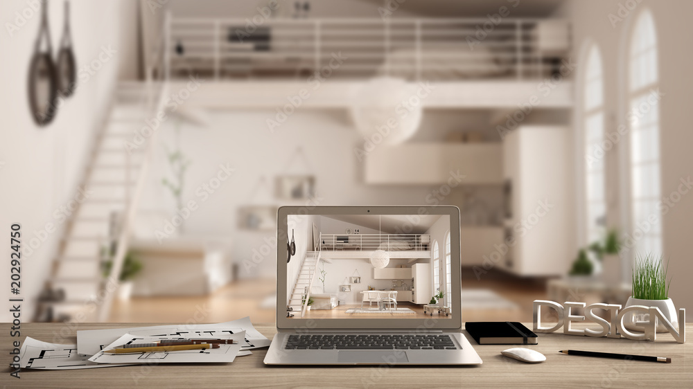 Architect designer desktop concept, laptop on wooden work desk with ...