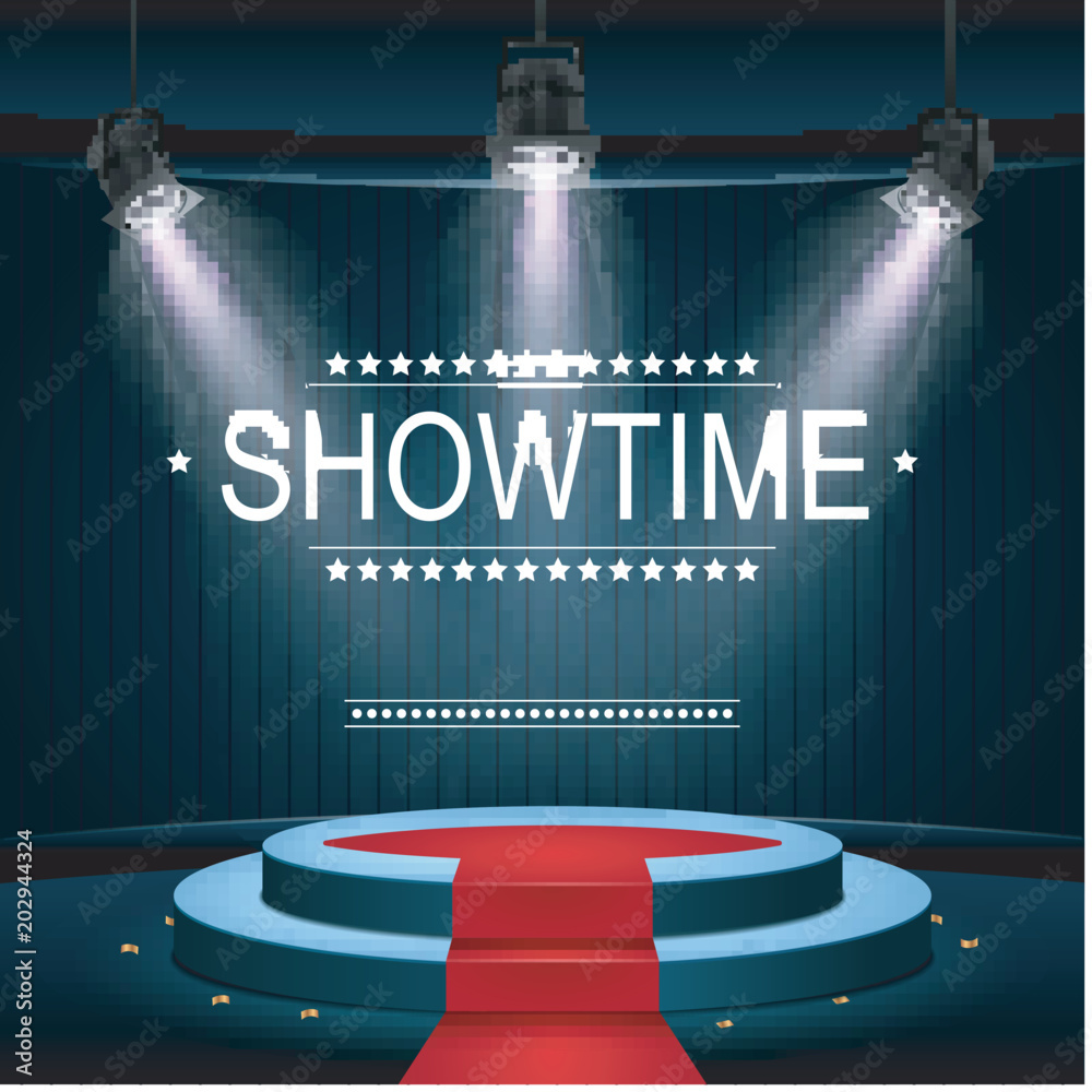 Showtime banner with podium and red carpet illuminated by spotlights ...
