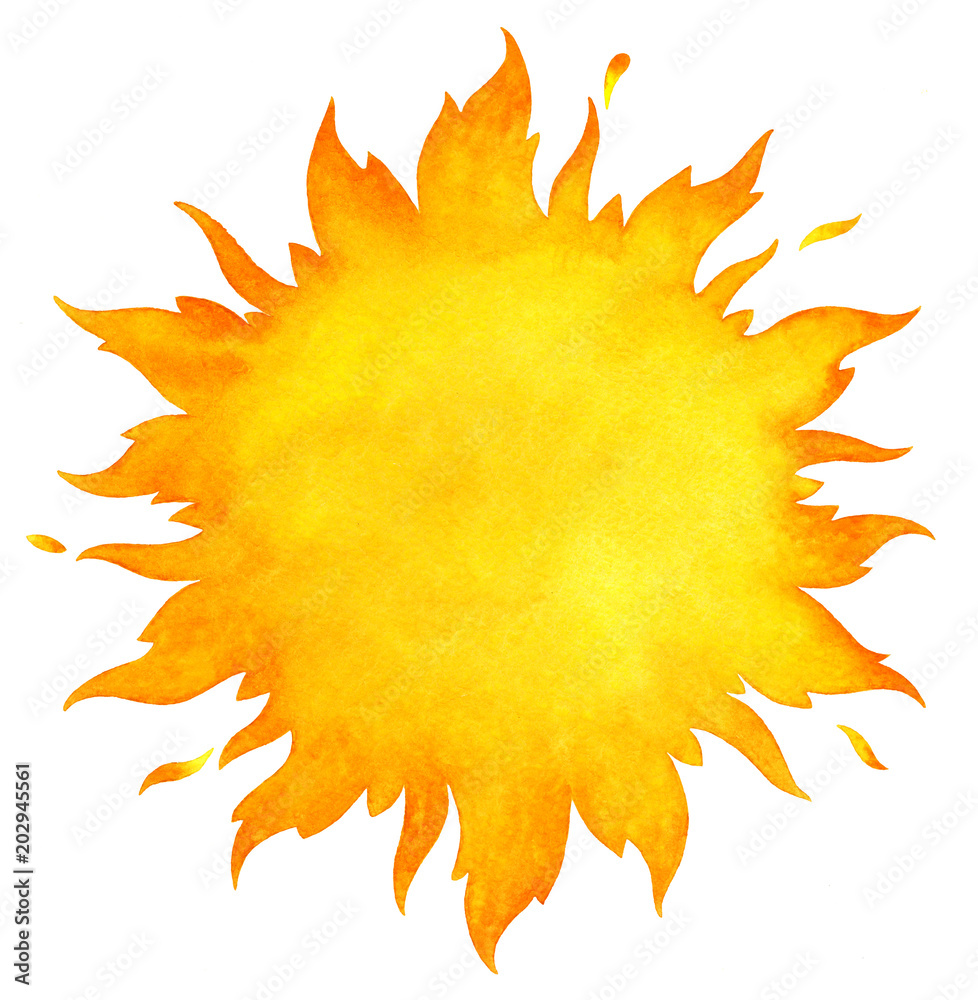 Watercolor sun shape isolated on white background. Wavy tongues of fire ...