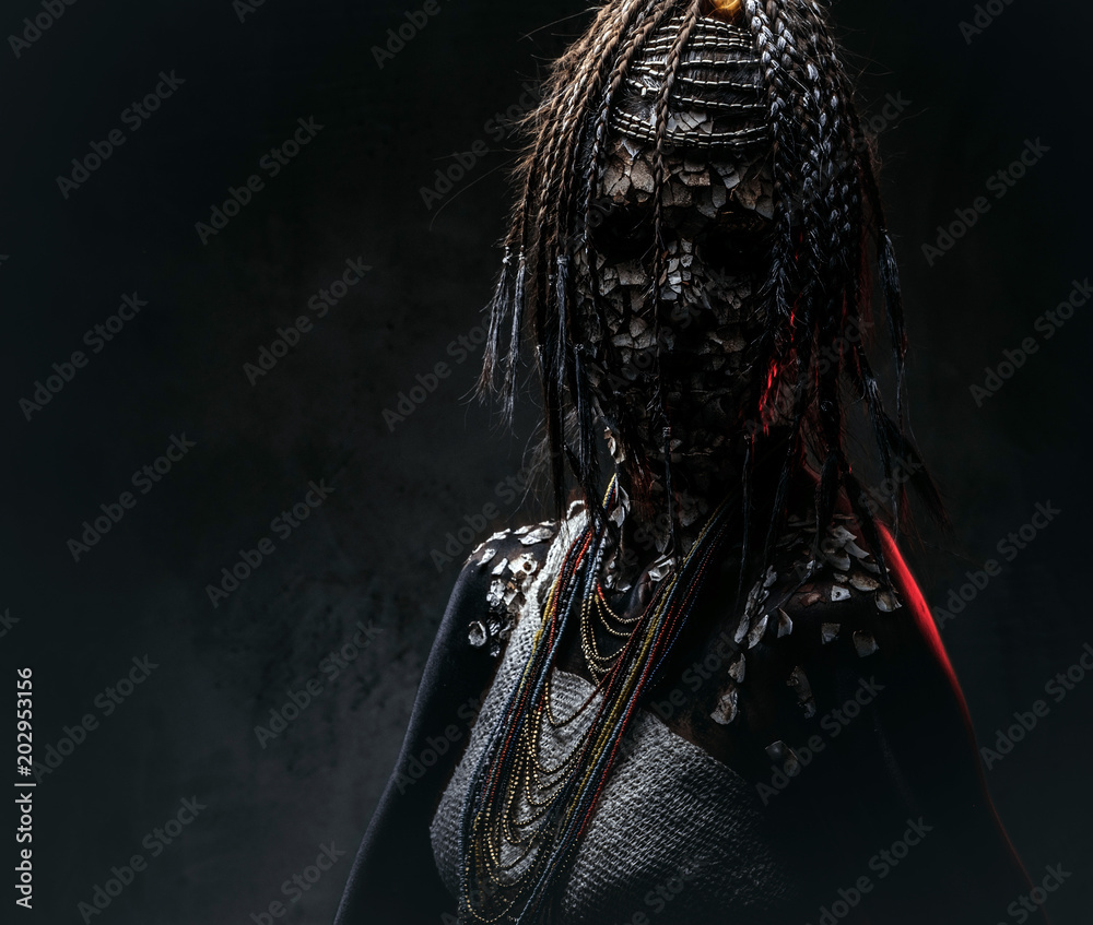 Close-up portrait of a witch from the indigenous African tribe, wearing ...