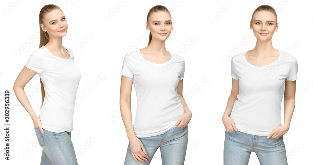 Set promo pose girl in blank white tshirt mockup design for print and ...