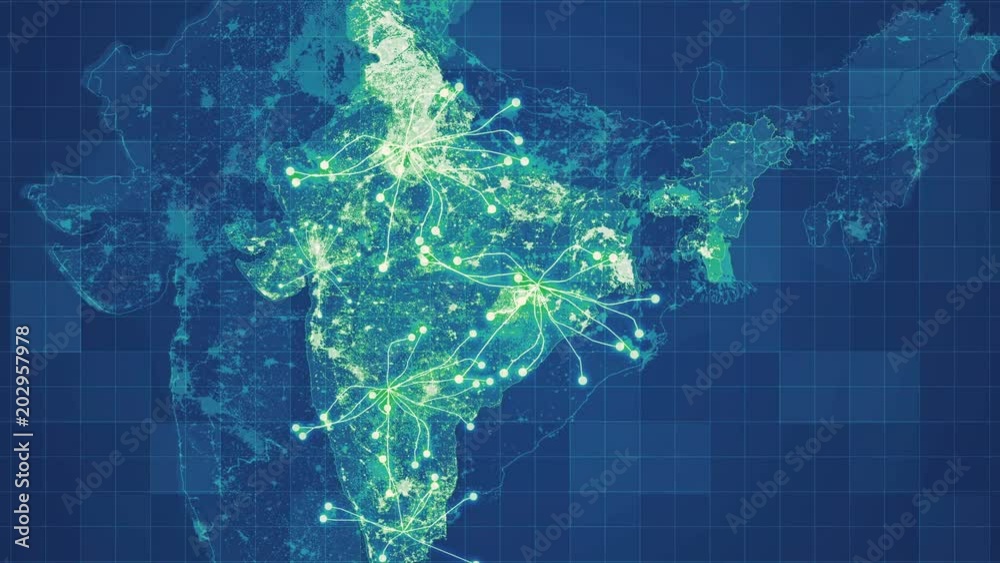 Animated India map with grid,animated networks between main directions ...