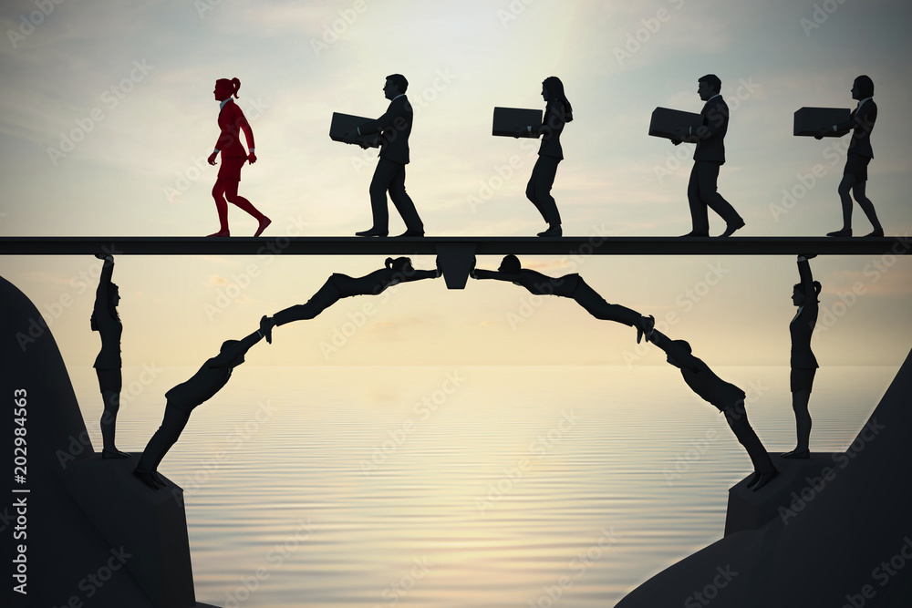 Human bridge of teamwork at dusk 3d rendering. A bridge next to the sea ...