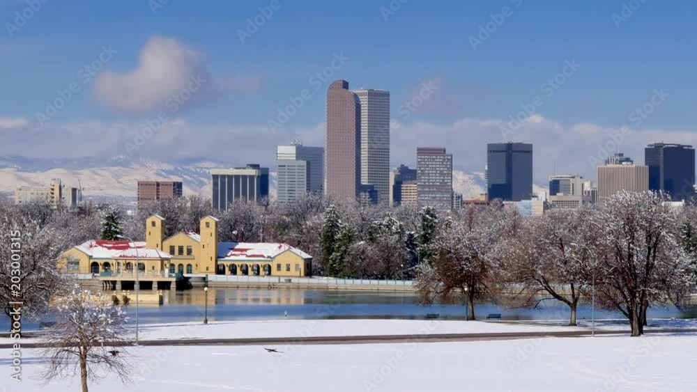 Denver Skyline in Winter Snow Zoom Out Stock Video | Adobe Stock