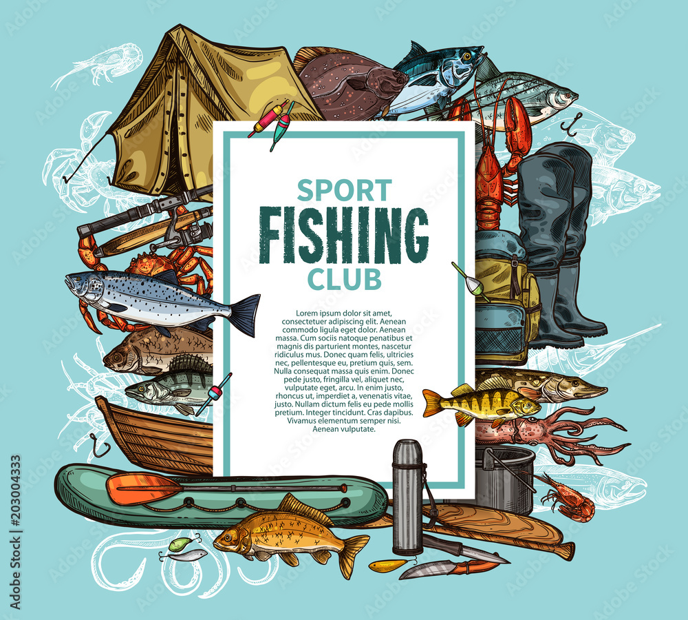 Fishing poster with fish catch and fisherman tool Stock Vector | Adobe ...