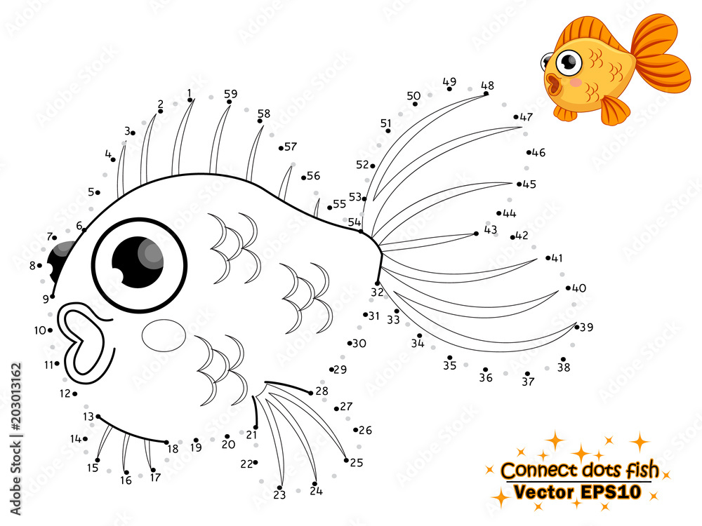Connect the dots draw the cute cartoon fish and color. educational game ...