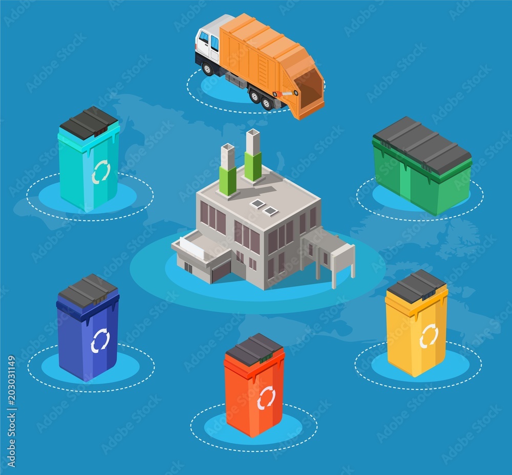 Isometric low poly waste processing plant ecology infographics Stock ...