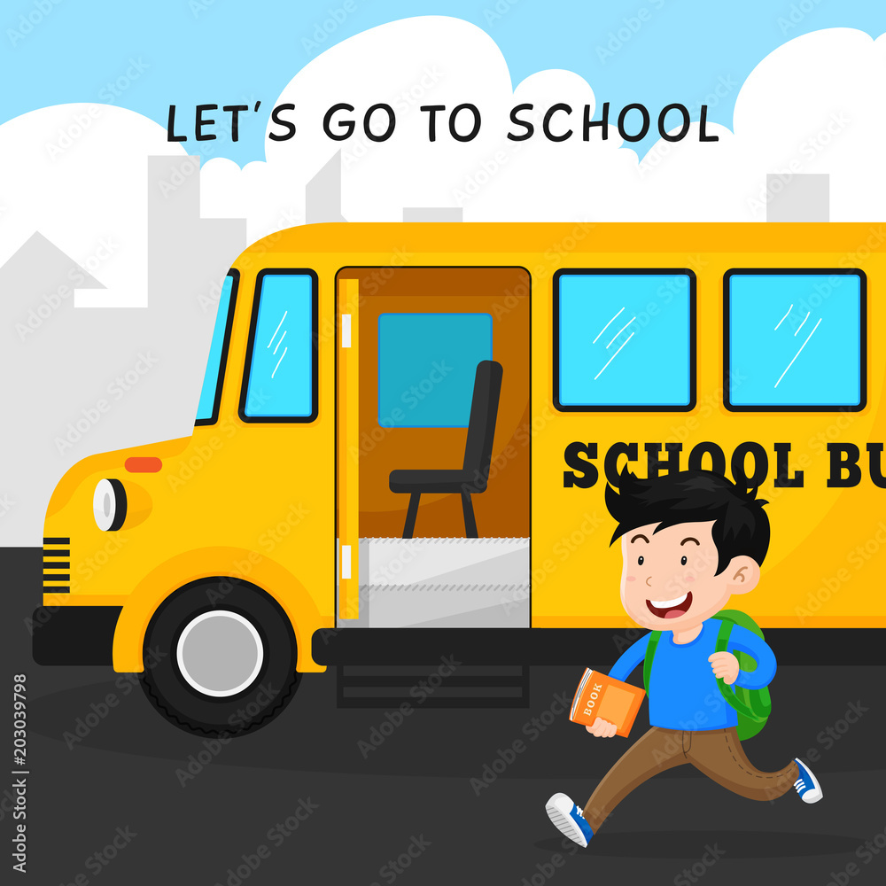 Happy student go to school with bus. Opened door school bus flat style ...