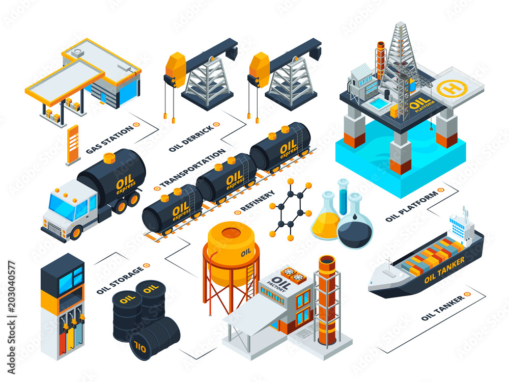 Visualization of all stages of oil production. Isometric pictures Stock ...