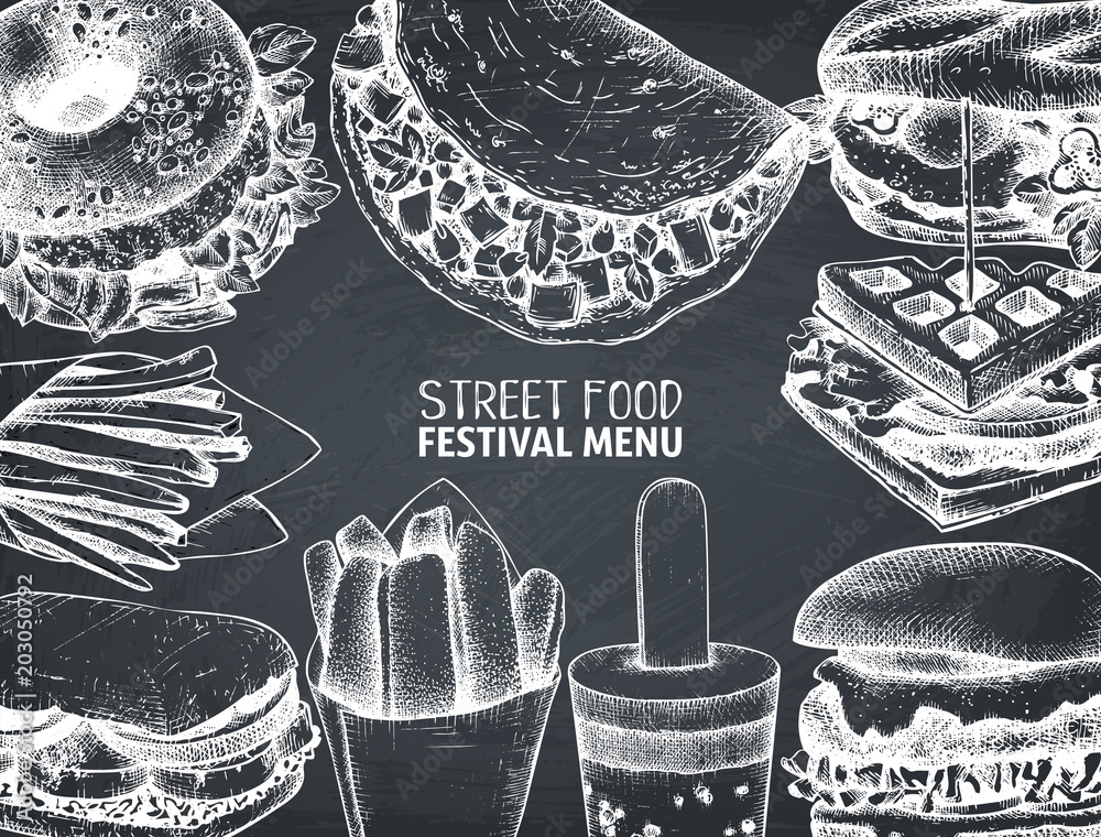 Street food festival menu on chalkboard. Vintage sketch collection ...
