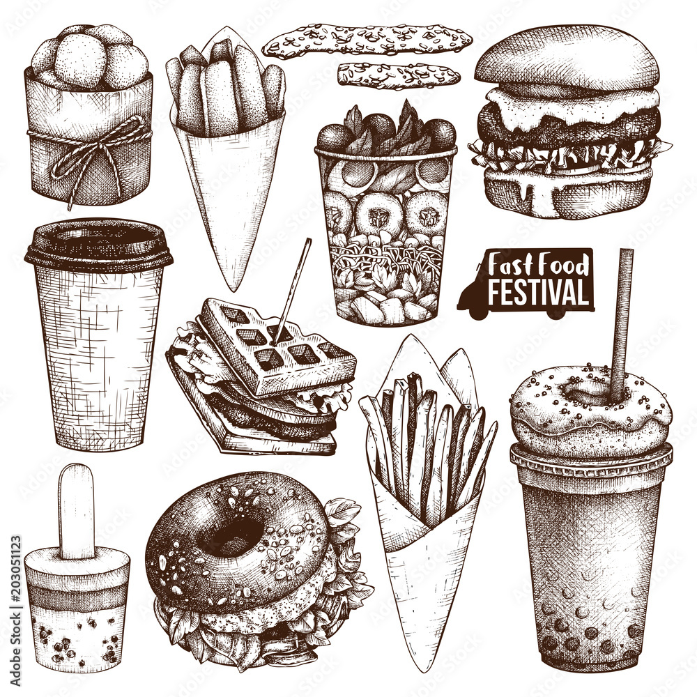 Street food festival menu. Vintage sketch collection. Fast food set ...