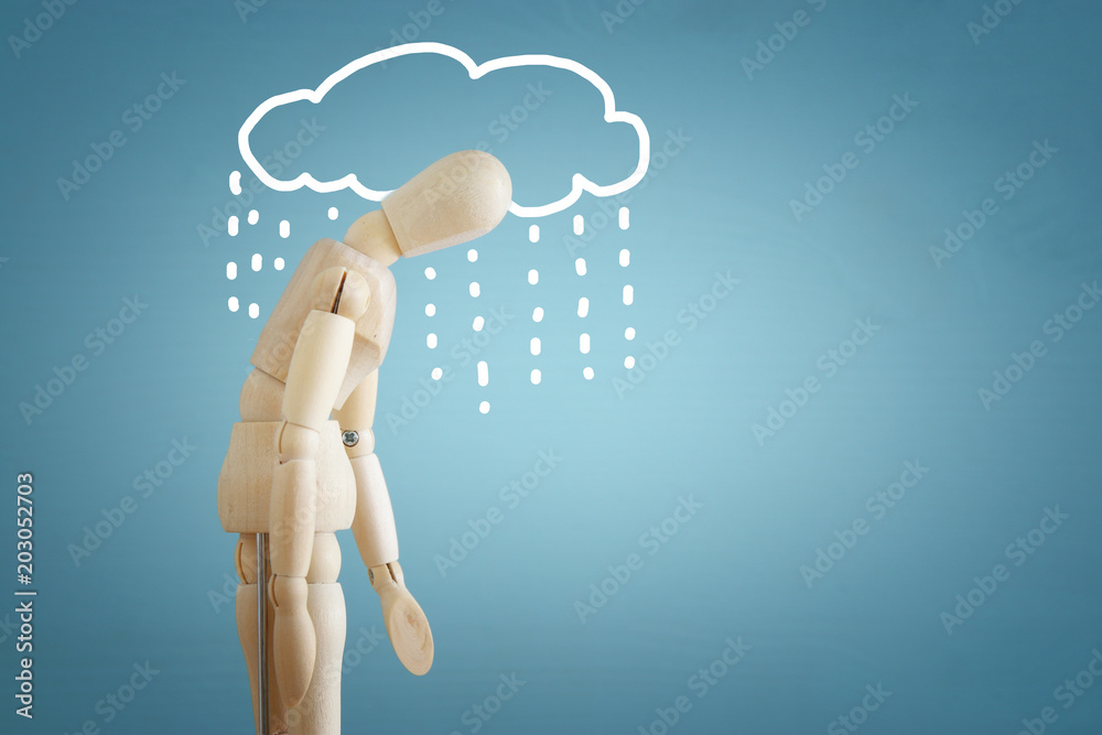 image of wooden dummy with worried stressed thoughts. depression ...